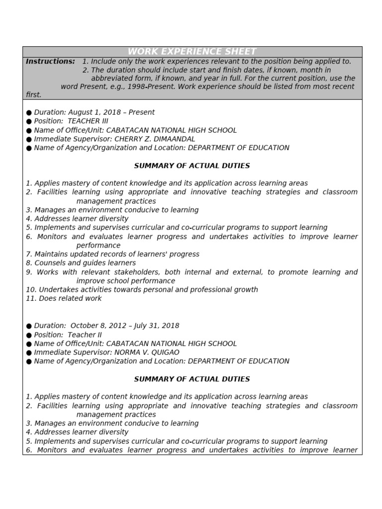 Work Experience for Teacher Positions | PDF | Learning | Behavior ...