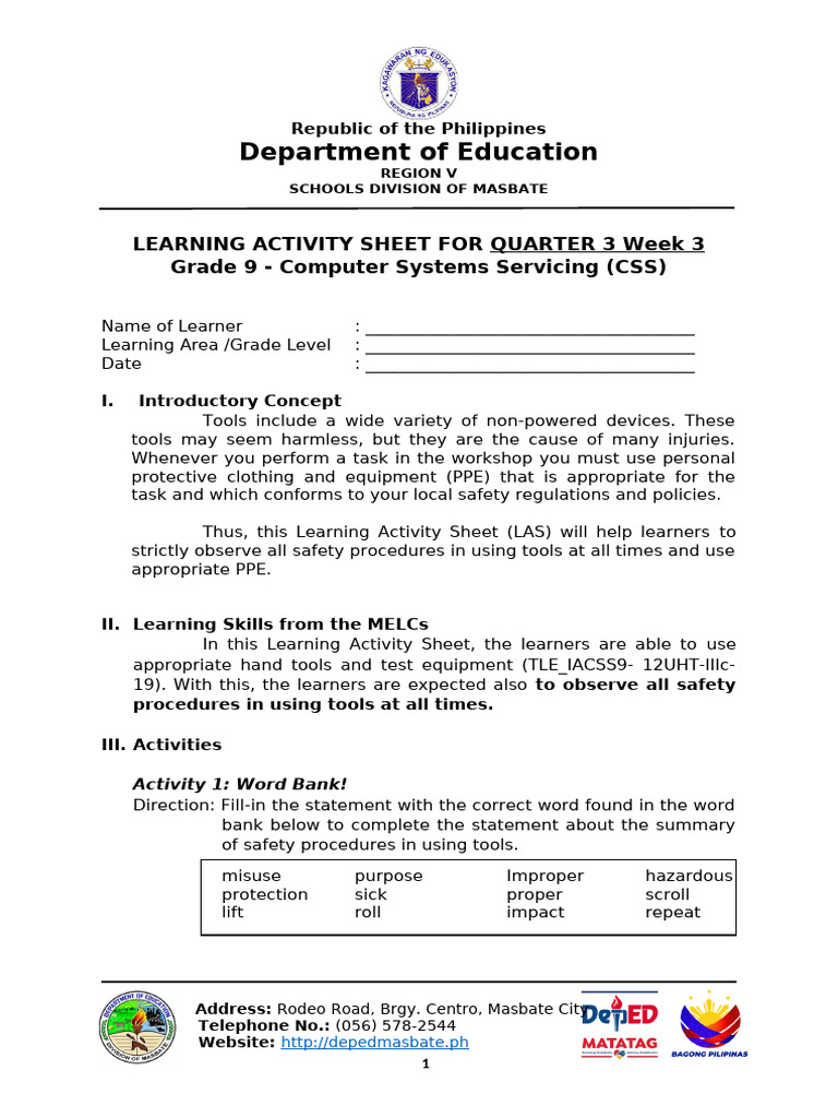 LAS TLE CSS Q3Week3 - ppe | PDF | Personal Protective Equipment | Tools