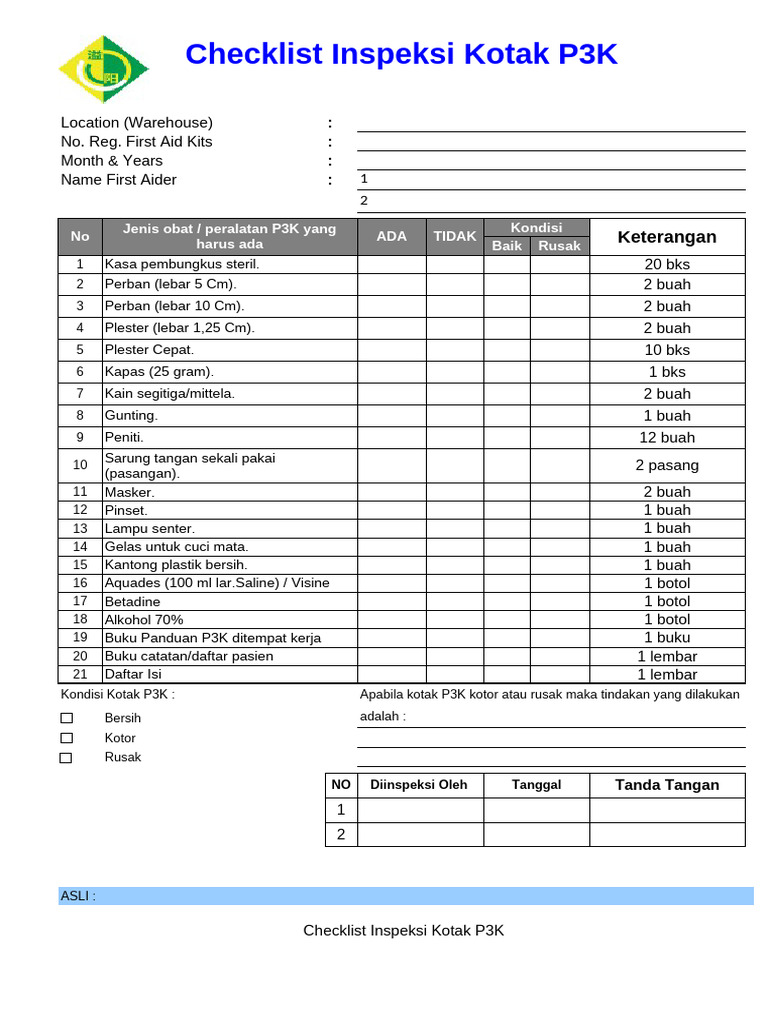 Checklist Inspeksi Kotak P3K Lengkap | PDF