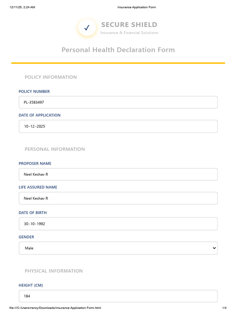 Personal Health Declaration Form | PDF