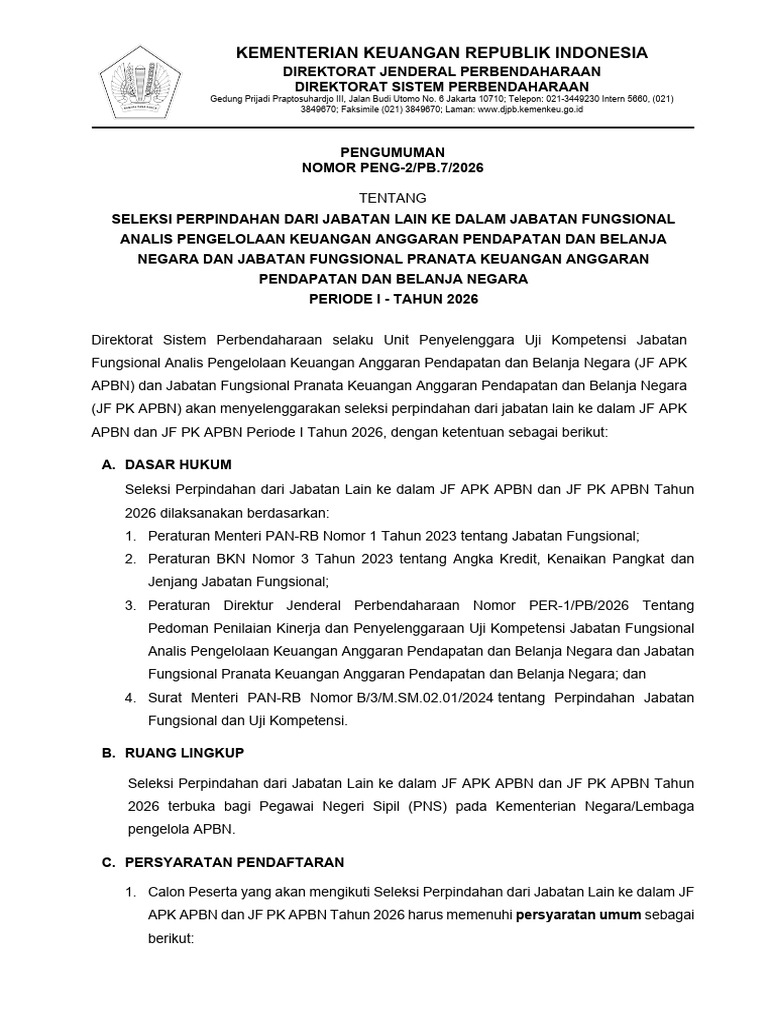 Peng-2-Pb.7-2026 Seleksi Jf Pk Dan Apk Apbn Tahun 2026 (1) | PDF
