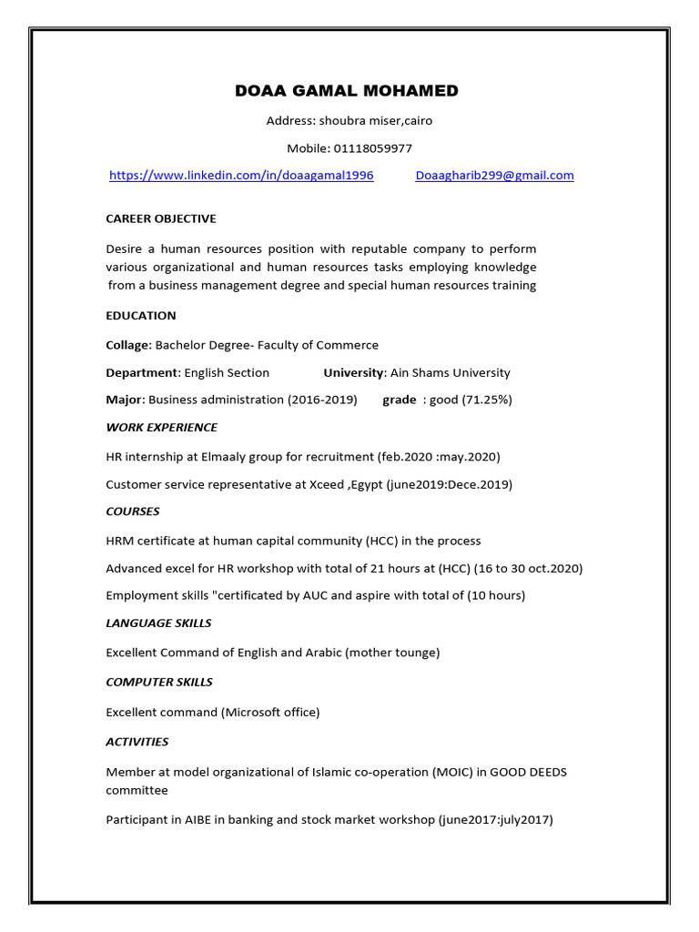 Human Resources Resume of Doaa Gamal | PDF