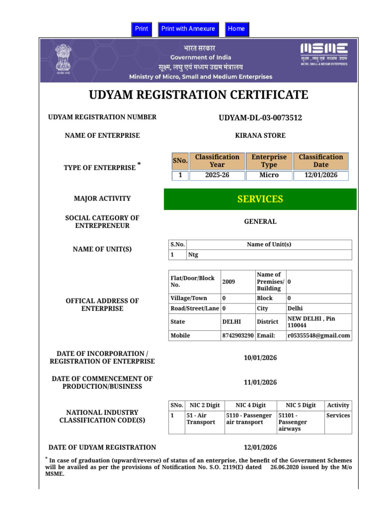 Udyam Registration Certificate for Kirana Store | PDF