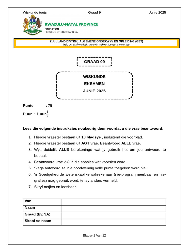 Mathematics Grade 9 Test AFR 025. | PDF