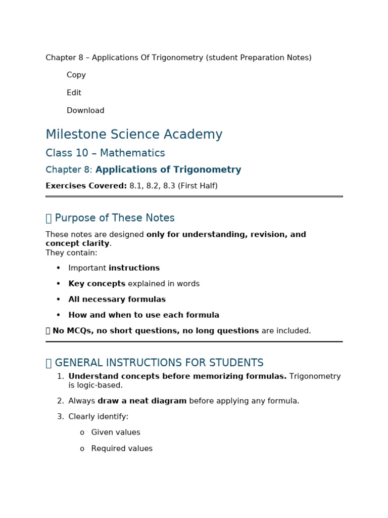 Notes Chapter 8 Class 10 Th Math | PDF | Trigonometric Functions ...