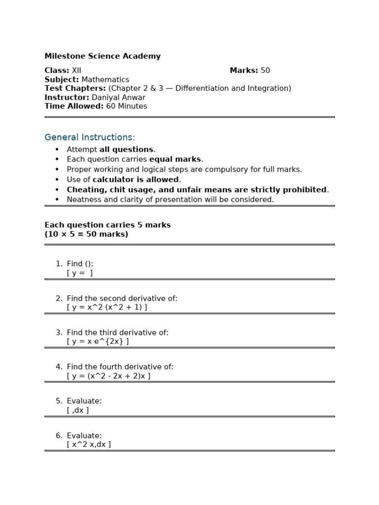 Class Xii Mathematics Test – Differentiation & Integration | PDF