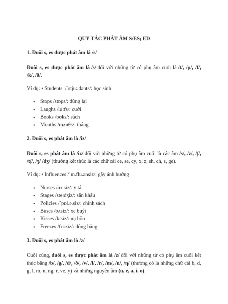 QUY TẮC PHÁT ÂM S:ES; ED | PDF
