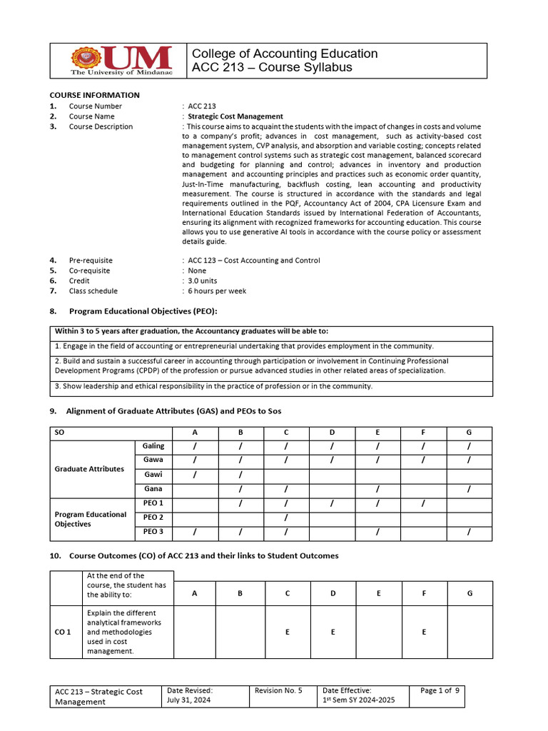 ACC 213 Strategic Cost Management Syllabus | PDF | Cost Accounting ...