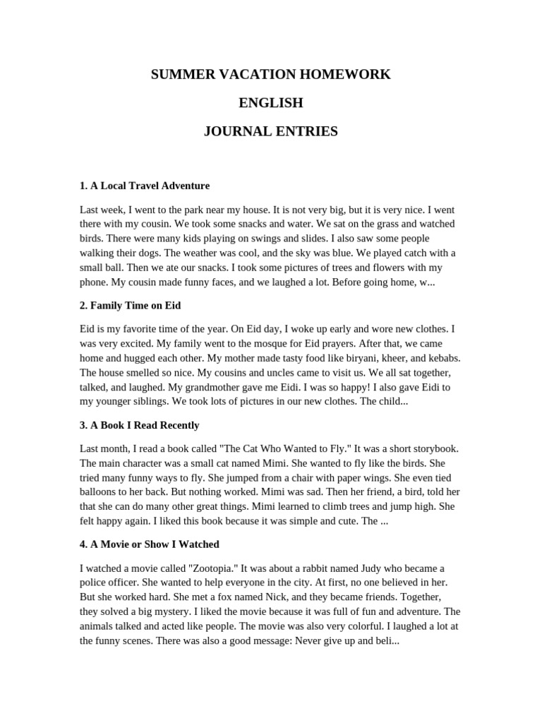 Enlish Summer Vacation Homework | PDF | Lunch
