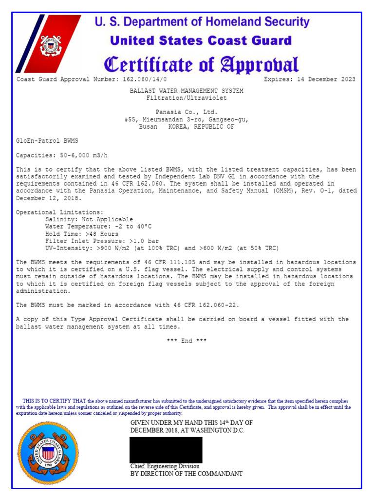 PANASIA USCG Type Approval Certificate With 48hours Holding Time | PDF