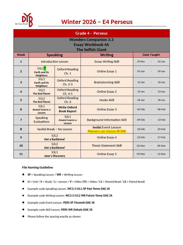 Winter 2026 Grade 4 Perseus Curriculum | PDF