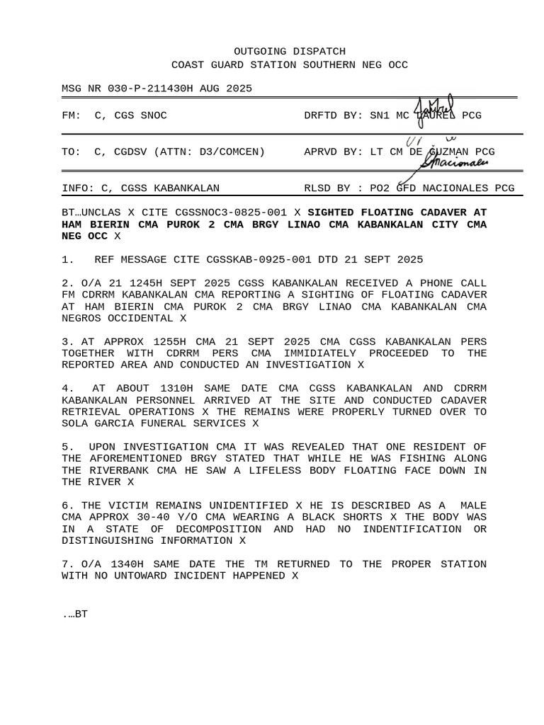 Cgssnoc3-0925-030 Sighted Floating Cadaver Kabankalan -1 | PDF