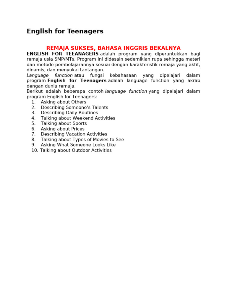Program Bahasa Inggris untuk Remaja | PDF