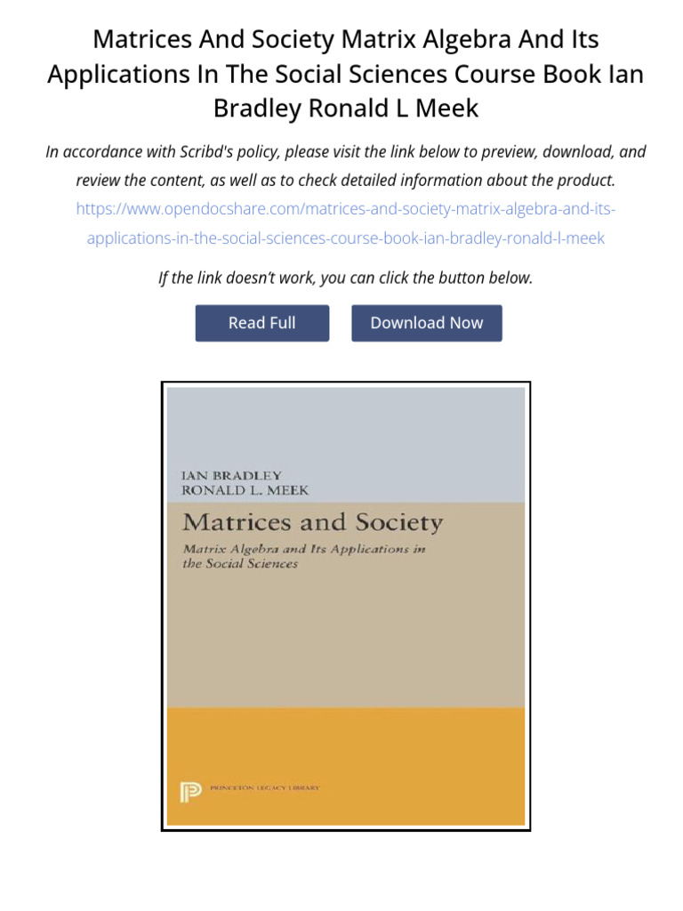 Matrices And Society Matrix Algebra And Its Applications In The Social ...