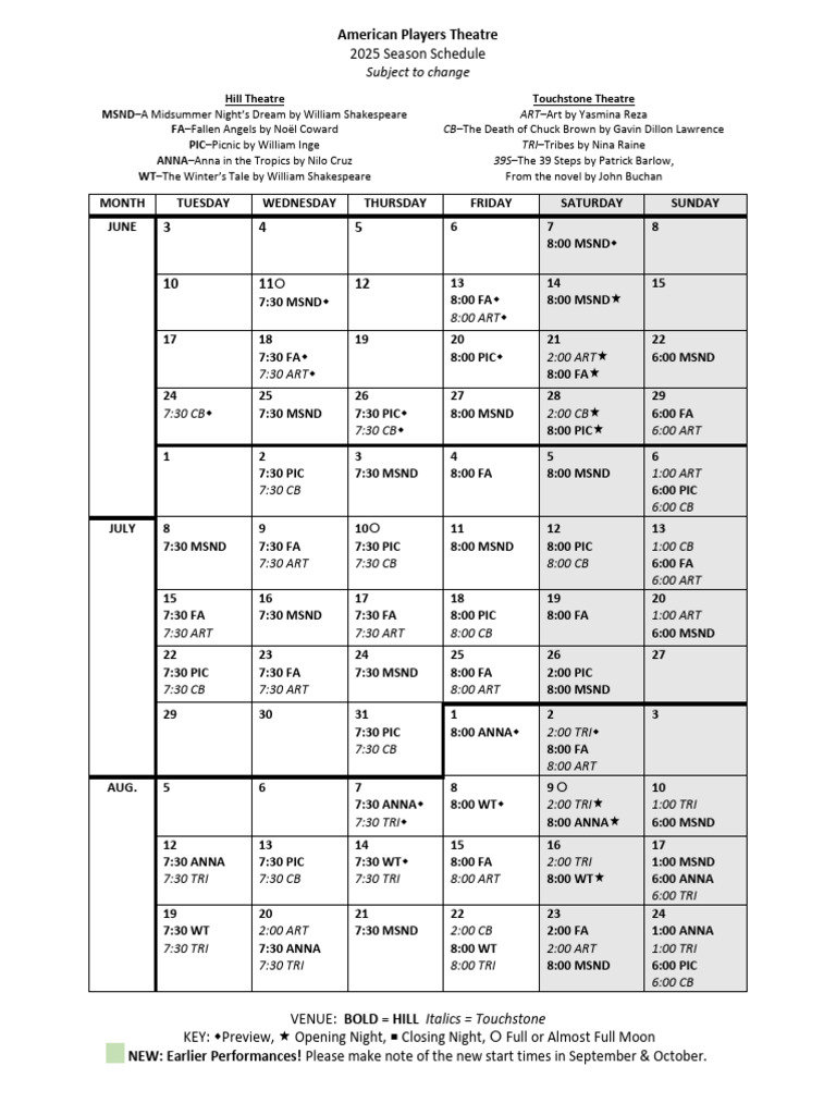 2025 American Players Theatre Schedule | PDF | Theatre