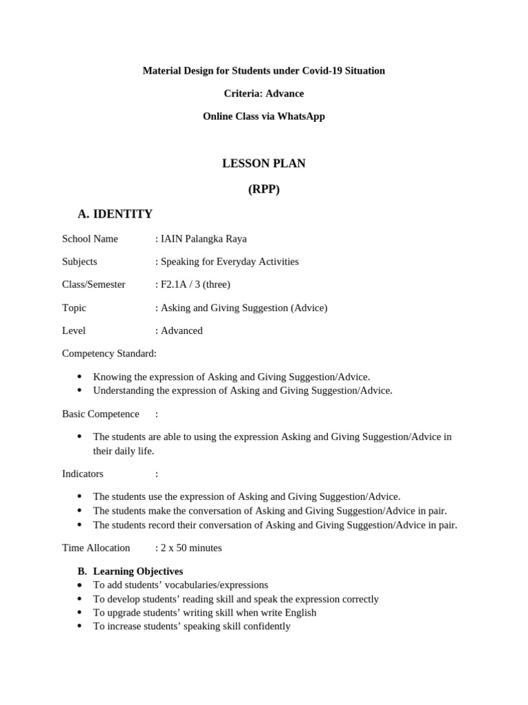 Lesson Plan for Advance Students Under COVID 19 via WhatsApp | PDF ...