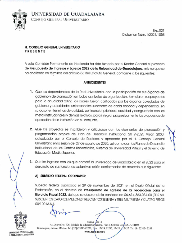 Presupuesto de Ingresos y Egresos 2022 de la UDG hac1058 | PDF