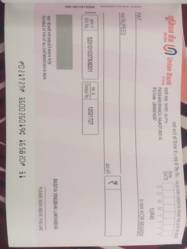 Union Bank Cheque Details and Validity | PDF