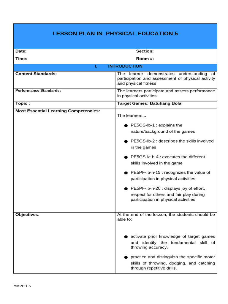 Physical Education Lesson Plan: Batuhang Bola | PDF | Learning | Lesson ...