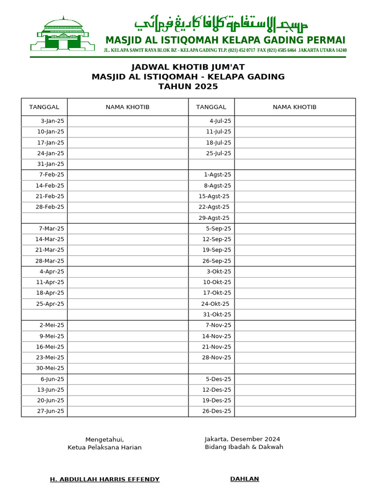 Jadwal Khotib Jumat 2025 Masjid Al Istiqomah | PDF