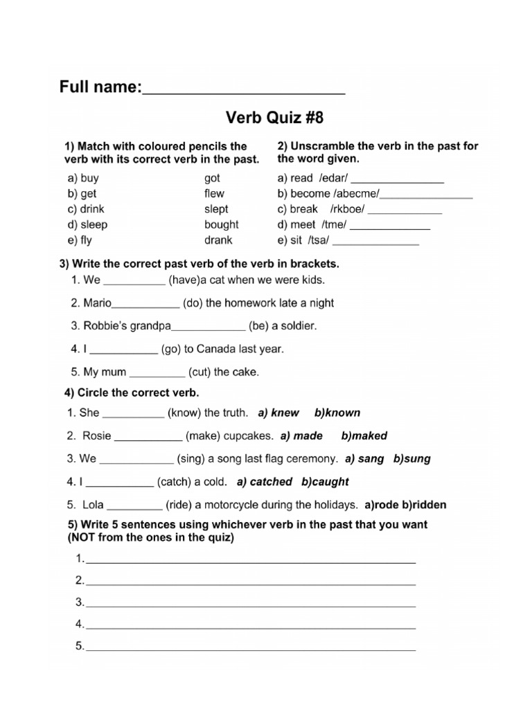 Verb Quiz #8 | PDF
