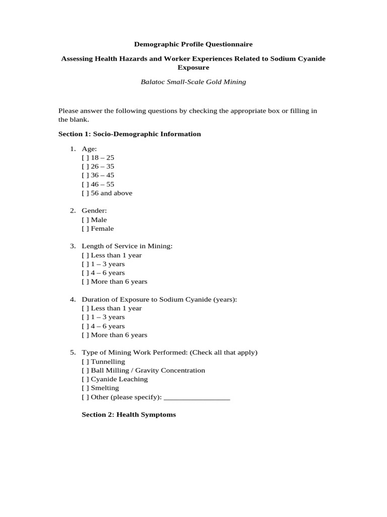 Demographic Profile Questionnaire Toxic Gold Research | PDF | Personal ...