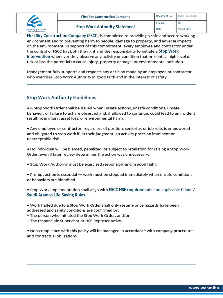 FSCC HSE PO 03_Stop Work Authority Statement | PDF | Safety | Risk