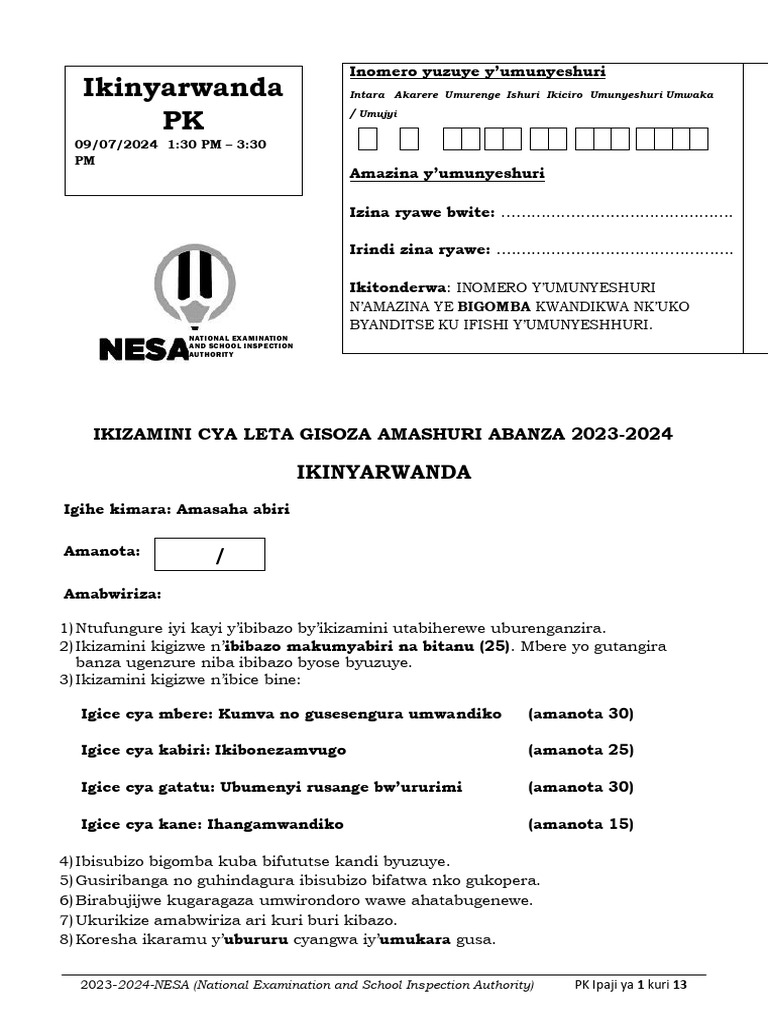 Ikizamini cya Leta 2023-2024 mu Kinyarwanda | PDF