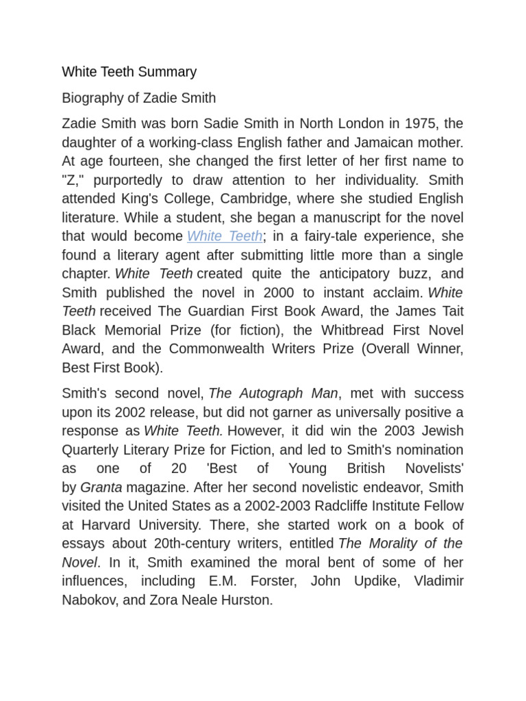 White Teeth: Zadie Smith's Acclaimed Novel | PDF