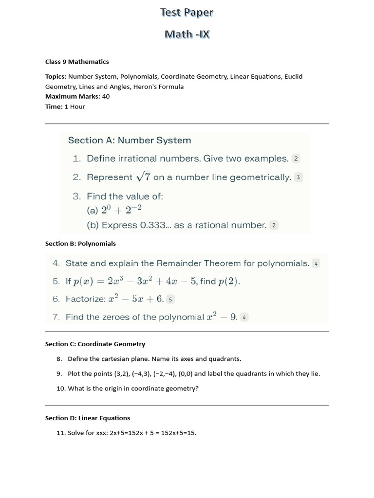 Class 9 Math: Key Topics & Questions | PDF