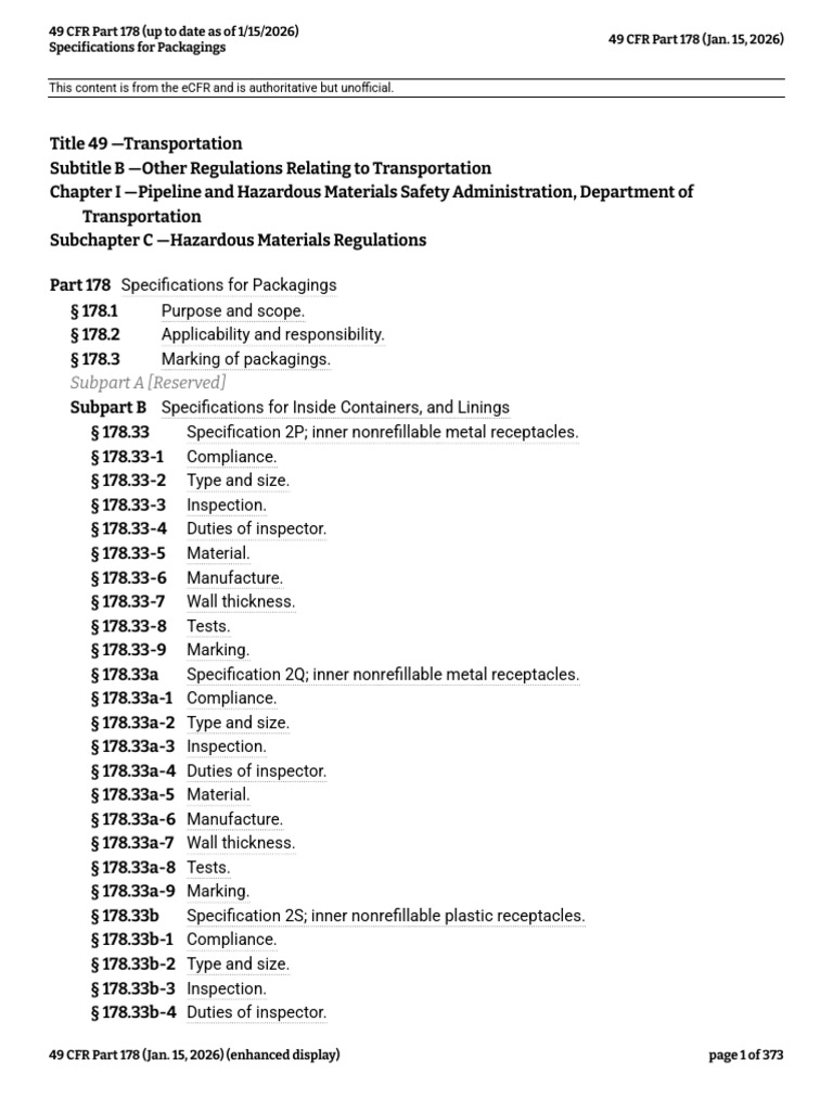 49 CFR Part 178 (Up to Date as of 1-15-2026) | PDF | Mechanical Engineering | Materials