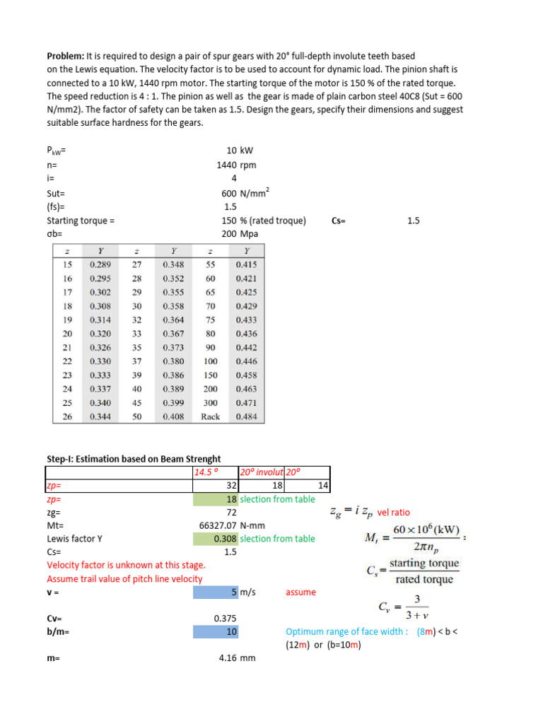 Design of Spur Gears for 10 kW Motor | PDF | Gear | Torque