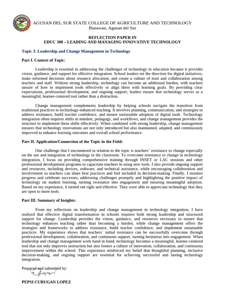 Reflection Paper_Leadership and Change Management in Technology | PDF ...
