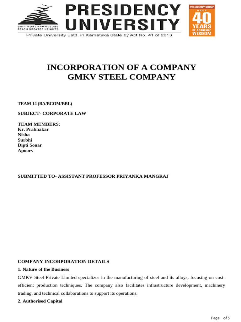 GMKV Steel Company Incorporation Details | PDF | Liquidation | Business