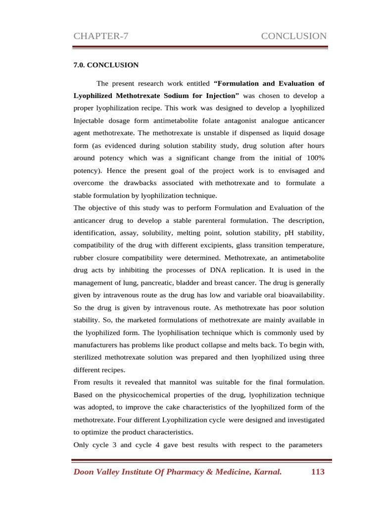 Chapter 7 Conclusion | PDF | Pharmaceutical Formulation | Pharmacology