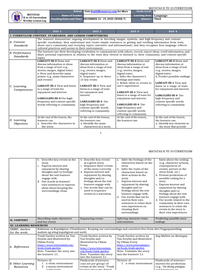 DLL Matatag Language 1 q3 w7 | PDF | Information | Curriculum