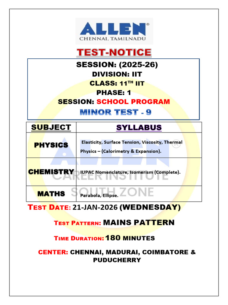 Tamilnadu_class-11th_iit_ph-1 (School Starting - 7 April)_21-Jan-2026(2025-26) Notices (1) | PDF