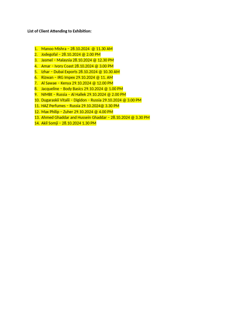 Exhibition Client Attendance Schedule | PDF