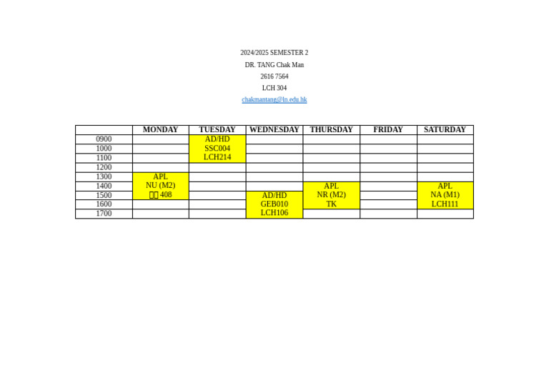 2024-2025 t2 Teaching Timetable_dr. Tang Chak Man | PDF