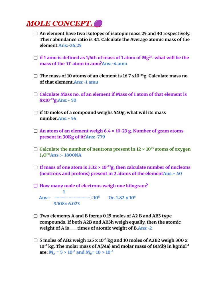 Mole Concept.pdf | PDF | Mole (Unit) | Atoms