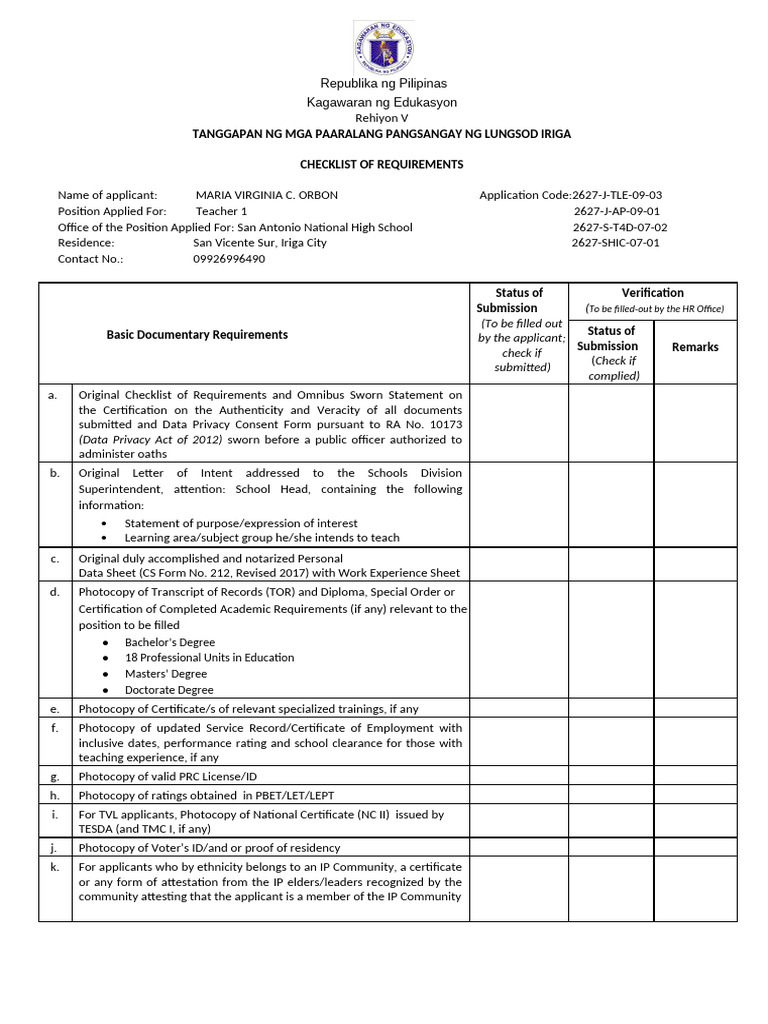Teacher 1 Application Requirements Checklist | PDF