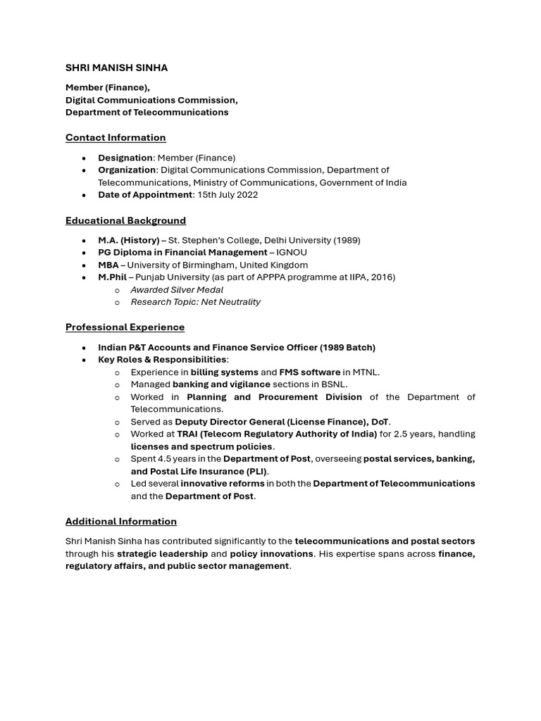 Manish Sinha: Telecom Finance Expert | PDF