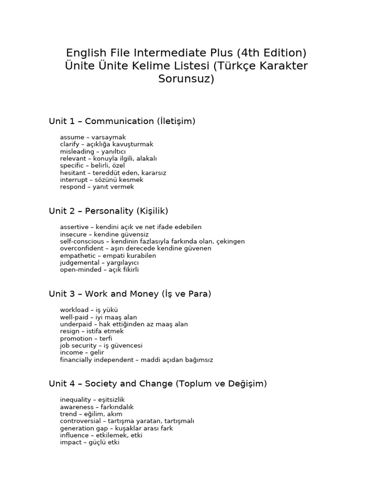 English File Intermediate Plus Unit by Unit Vocabulary TR Unicode 2 | PDF