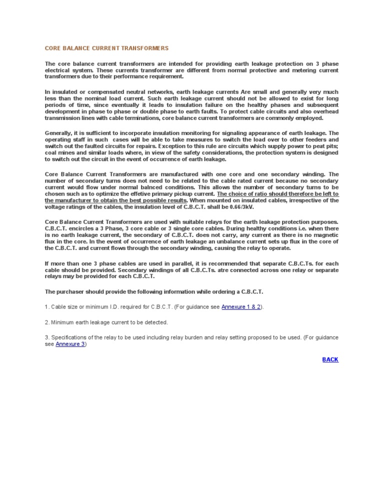 Core Balance Current Transformers | PDF | Transformer | Cable