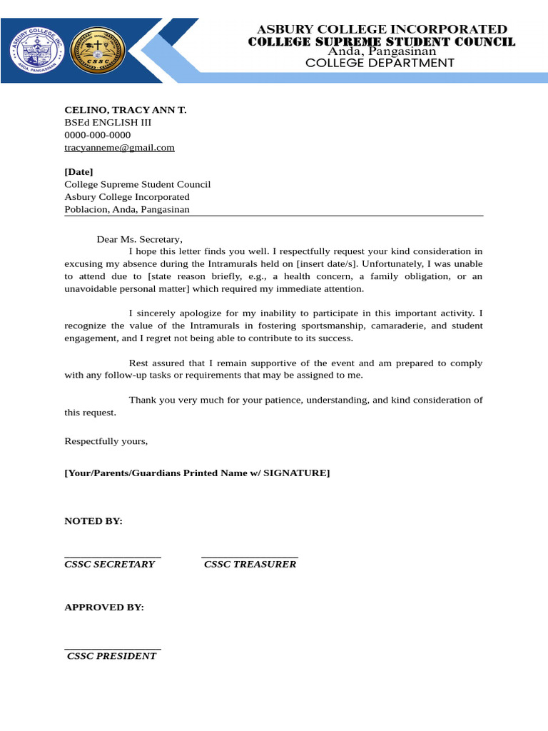 Excuse Letter Format | PDF