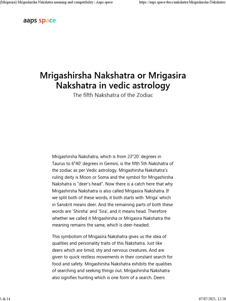 (Mrigasira) Mrigashirsha Nakshatra meaning and compatibility Aaps.space ...