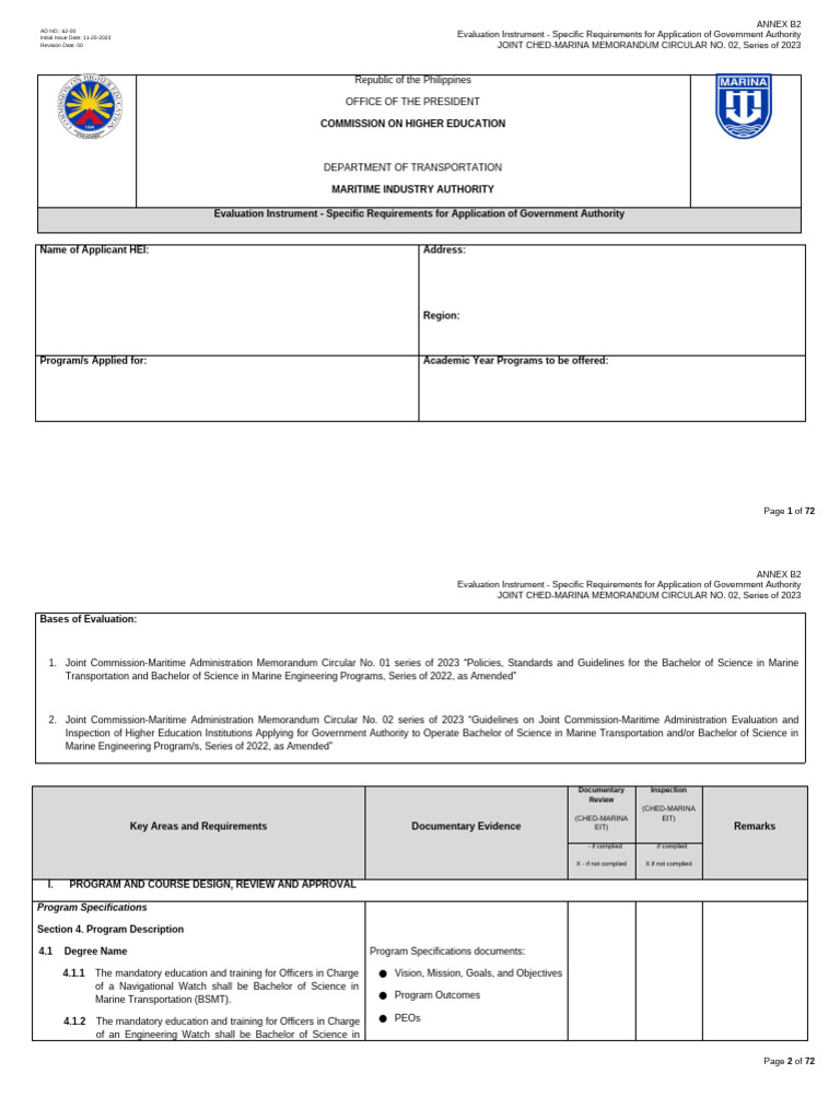 AD 62 Annex B2 Evaluation Instrument Specific Requirements for ...