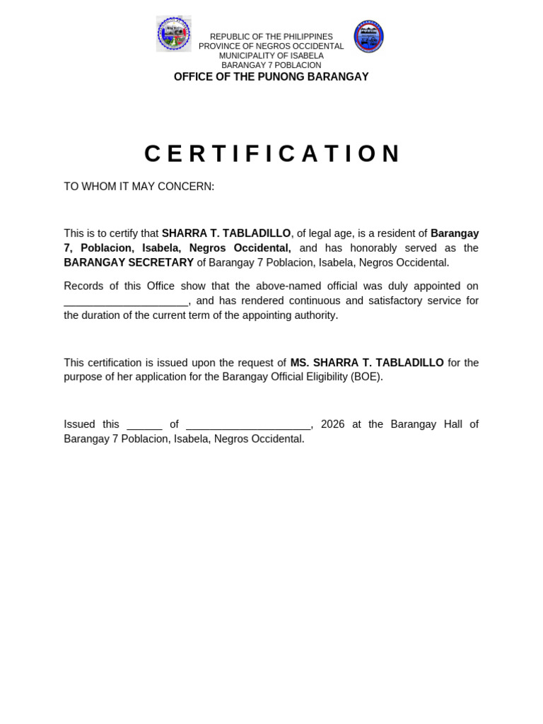 Certification of Barangay Secretary | PDF