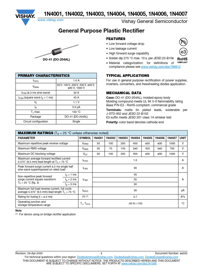 1n4001 | PDF | Rectifier | Electromagnetism