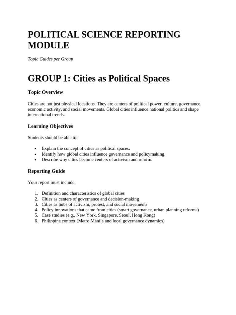 Political Science Reporting Modules Overview | PDF | City | Governance